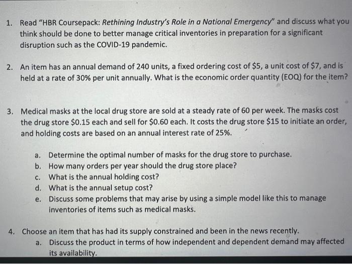 Solved 1. Read "HBR Coursepack: Rethining Industry's Role in | Chegg.com