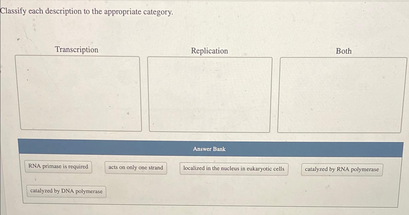 Solved Classify each description to the appropriate | Chegg.com