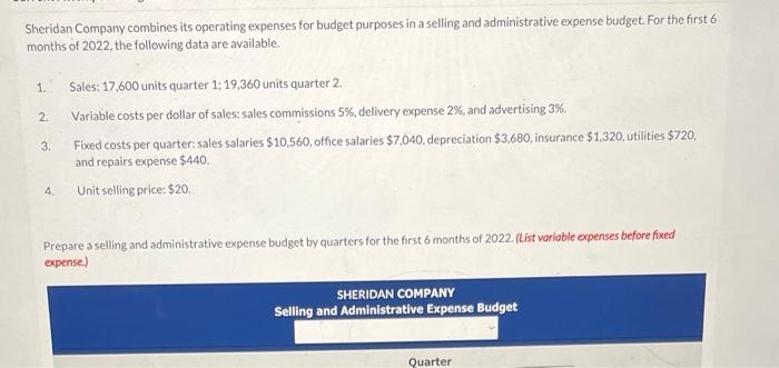Solved Sheridan Company combines its operating expenses for | Chegg.com
