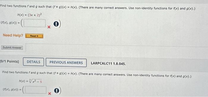 Solved Find two functions f and g such that (f∘g)(x)=h(x). | Chegg.com