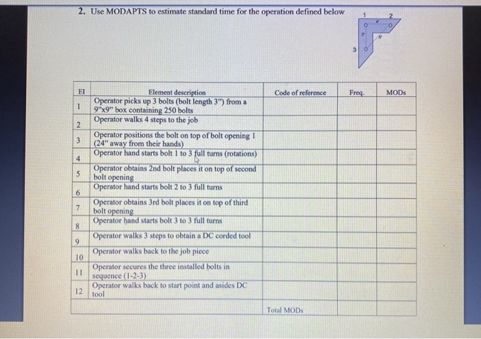 2. Use MODAPTS to estimate standard time for the | Chegg.com