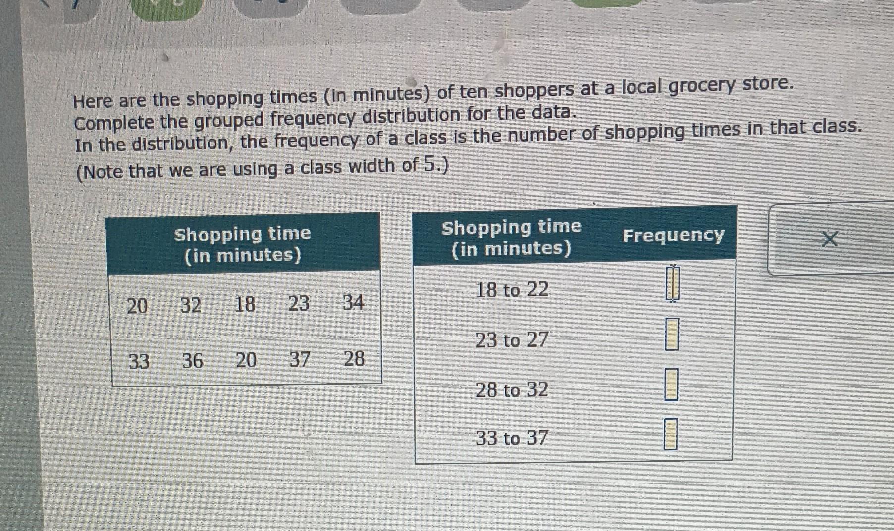 Solved Here are the shopping times (in minutes) of ten | Chegg.com