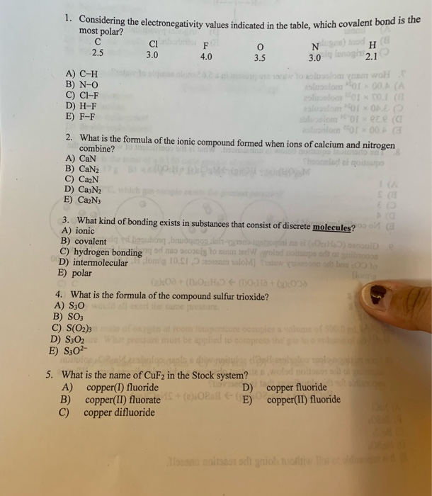 Solved 1. Considering the electronegativity values indicated | Chegg.com