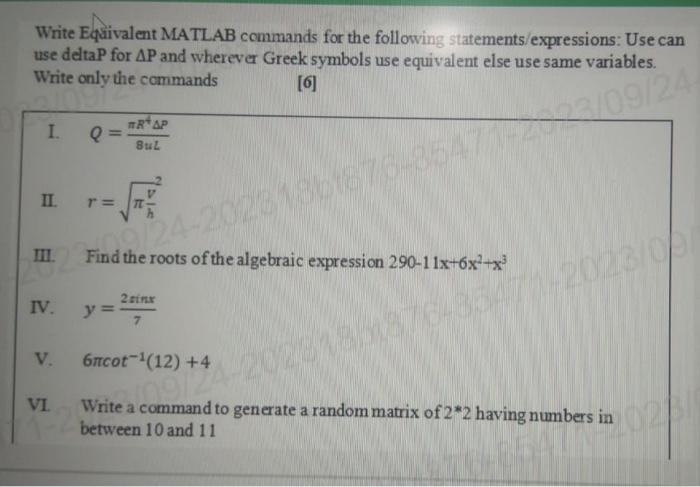 Solved Write Equivalent Matlab Commands For The Following 