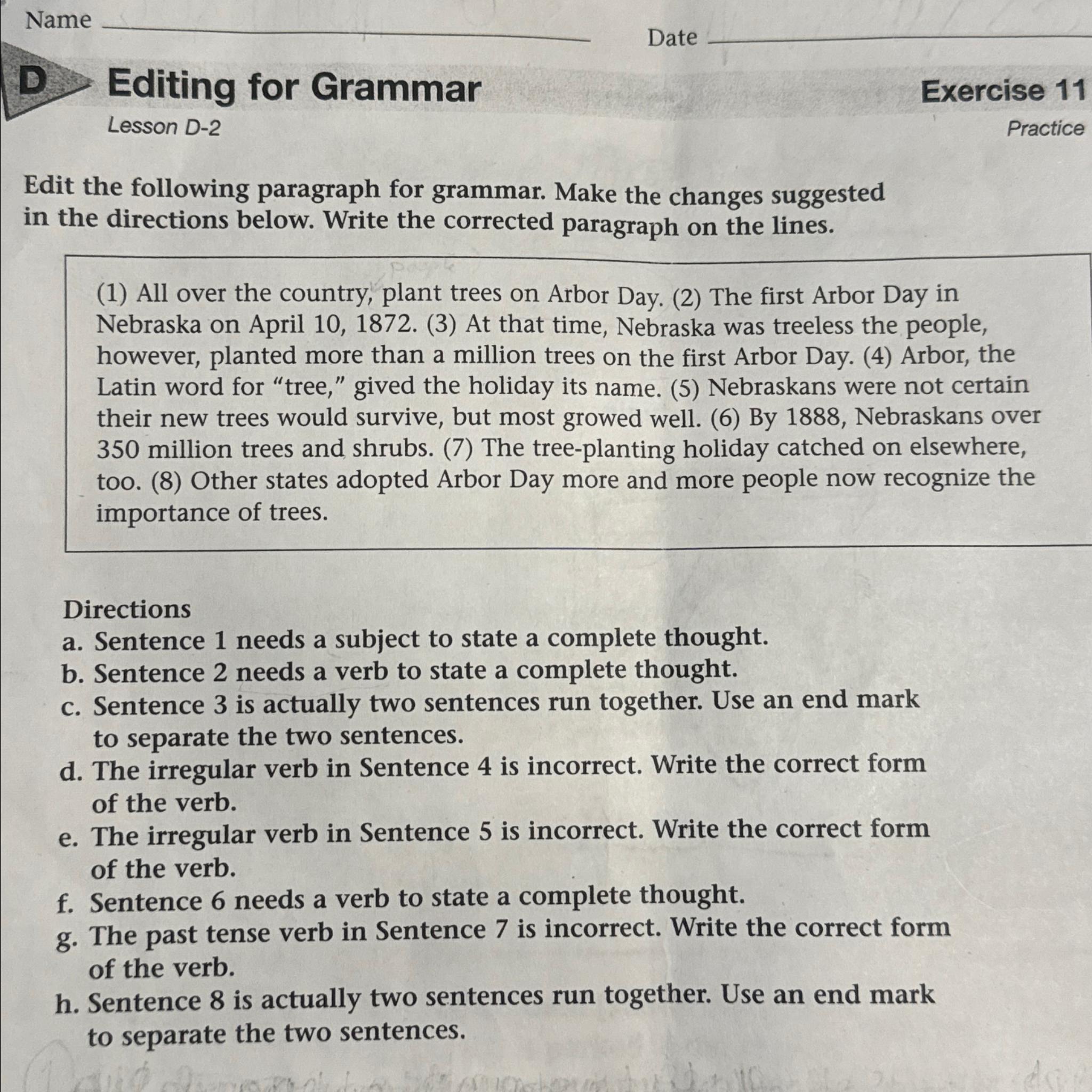 Solved NameDateD Editing for GrammarLesson D-2Exercise | Chegg.com