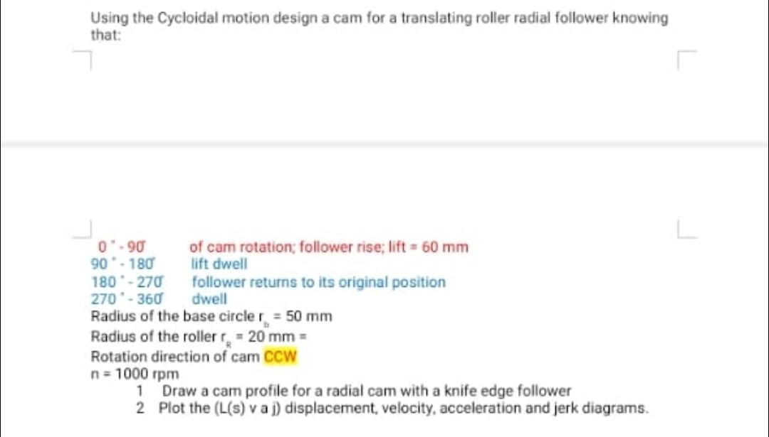 Solved Using the Cycloidal motion design a cam for a | Chegg.com