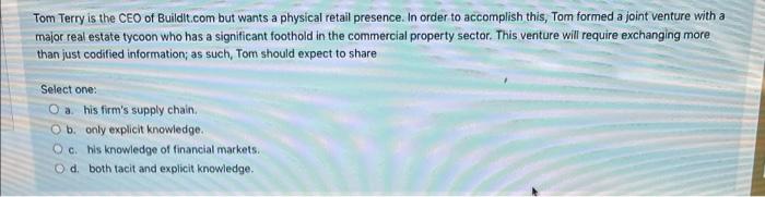Solved Tom Terry is the CEO of Buildit. com but wants a | Chegg.com