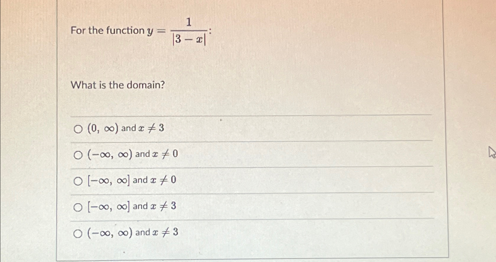 Solved For the function y=1|3-x|What is the domain?(0,∞) | Chegg.com