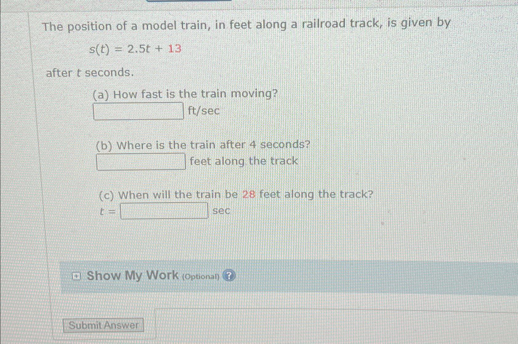 Solved The position of a model train, in feet along a | Chegg.com
