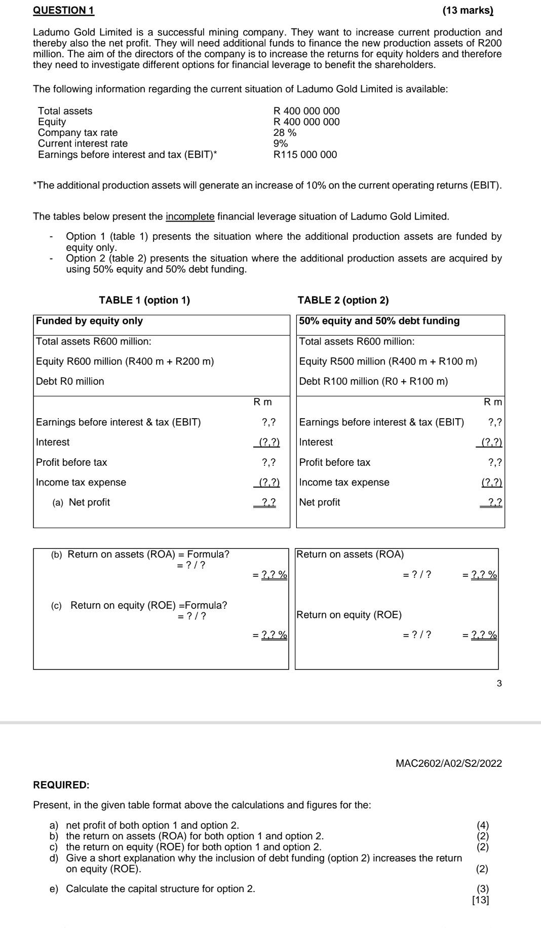Solved QUESTION 1 (13 marks) Ladumo Gold Limited is a | Chegg.com