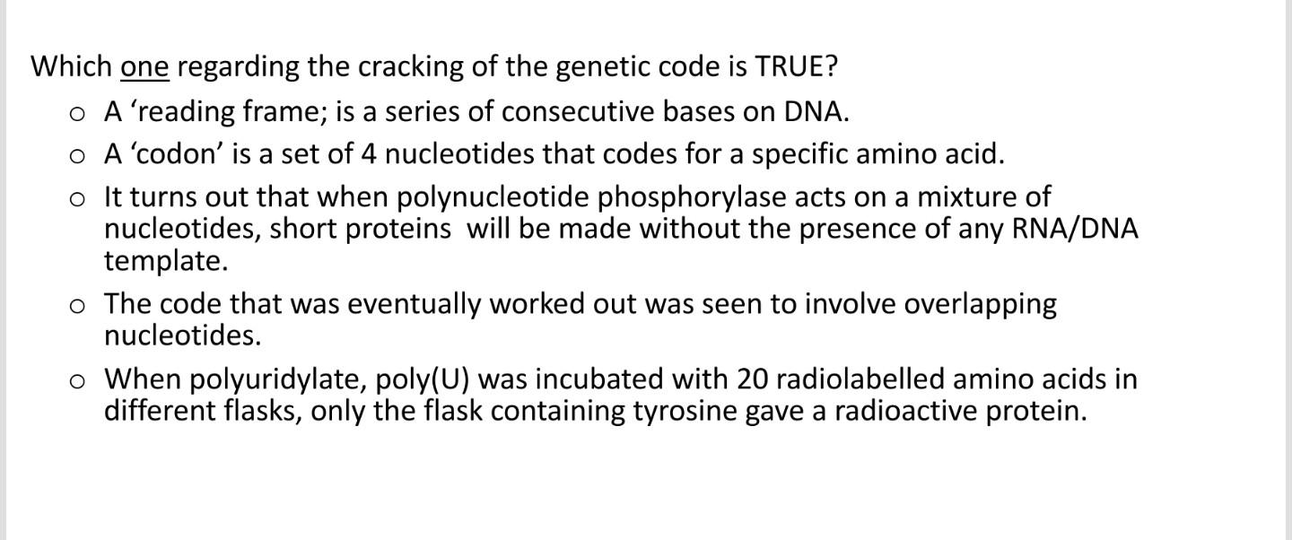 Solved Which one regarding the cracking of the genetic code | Chegg.com