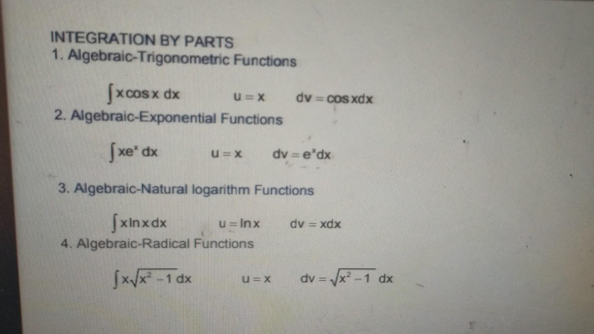 Solved INTEGRATION BY PARTS 1. Algebraic-Trigonometric | Chegg.com