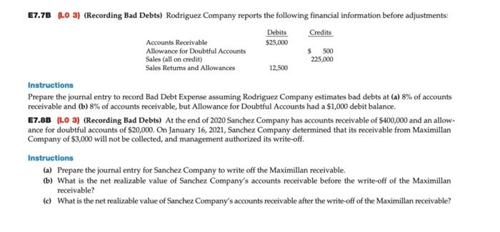 Solved E7.7B ( 20 3) (Recording Bad Debts) Rodriguez Company | Chegg.com