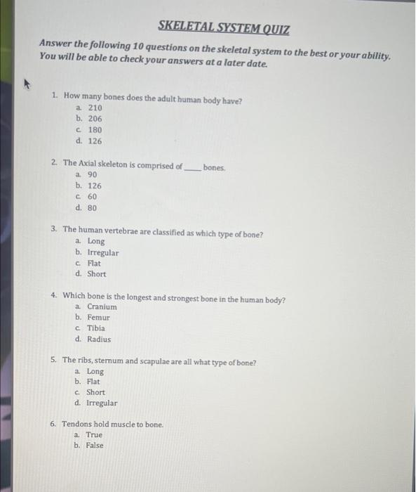 Solved SKELETAL SYSTEM QUIZ Answer the following 10 | Chegg.com