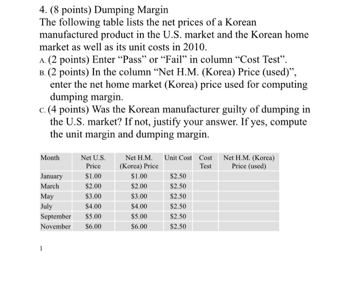 Solved 4. (8 points) Dumping Margin The following table | Chegg.com