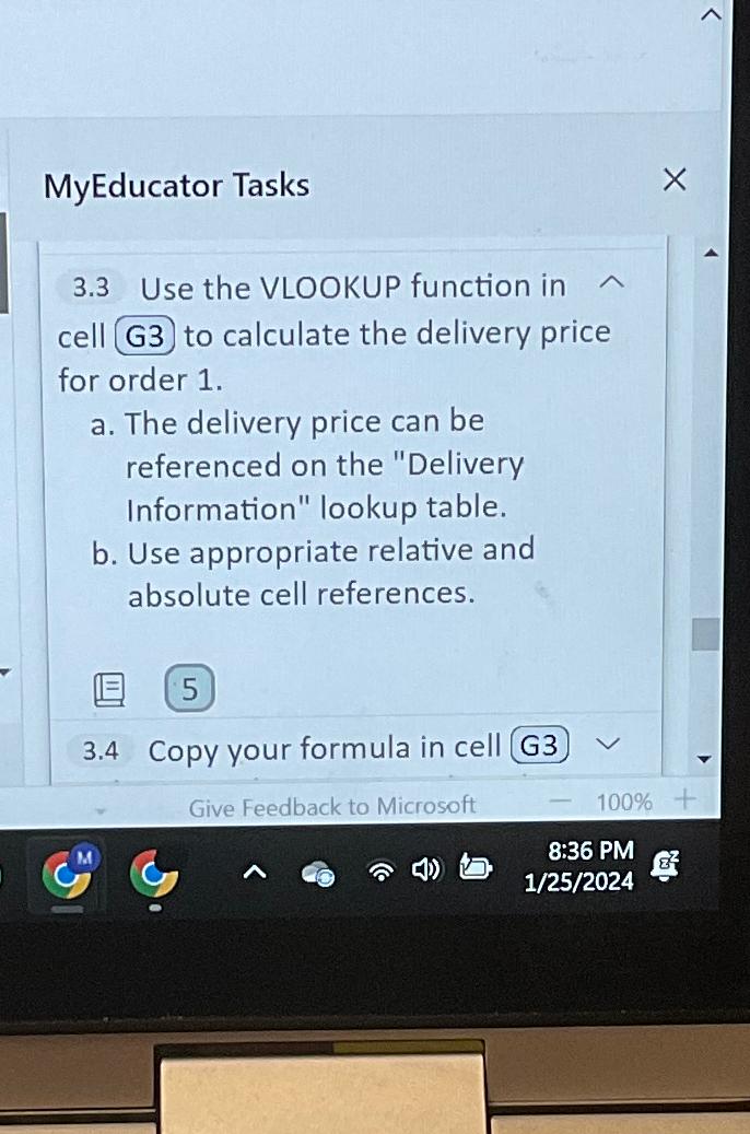 Solved MyEducator Tasks3.3 ﻿Use the VLOOKUP function in cell | Chegg.com