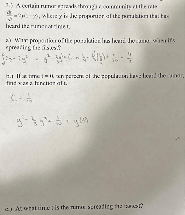 Solved 3.) A certain rumor spreads through a community at | Chegg.com