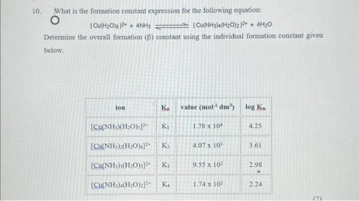 Solved What is the formation constant expression for the | Chegg.com