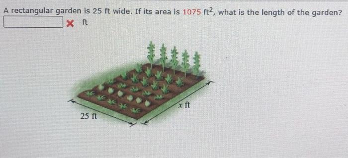 Solved A rectangular garden is 25 ft wide. If its area is | Chegg.com
