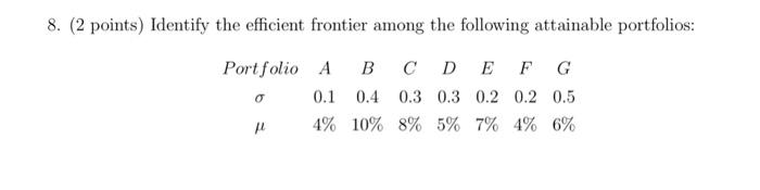 Solved 8. (2 points) Identify the efficient frontier among | Chegg.com