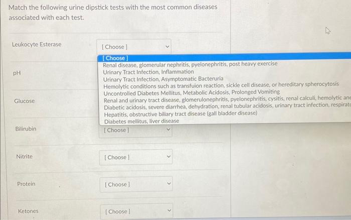 Solved Match the following urine dipstick tests with the | Chegg.com