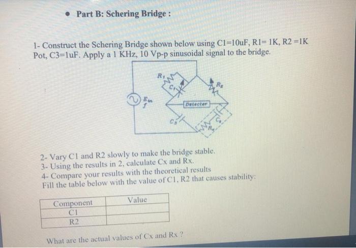 Solved • Part B: Schering Bridge: 1- Construct the Schering | Chegg.com