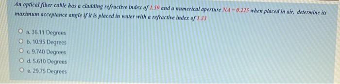 Solved An optical fiber cable has a cladding refractive | Chegg.com