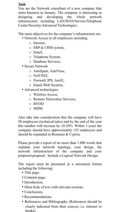 Solved Task You are the Network consultant of a new company | Chegg.com