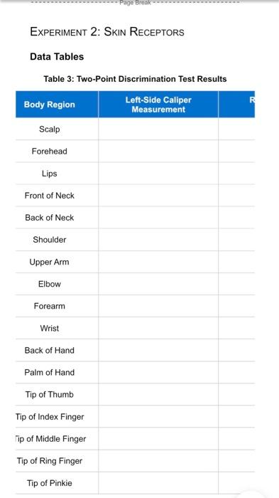 Solved EXPERIMENT 2: Skin RecEPTORS Data Tables Table 3: | Chegg.com