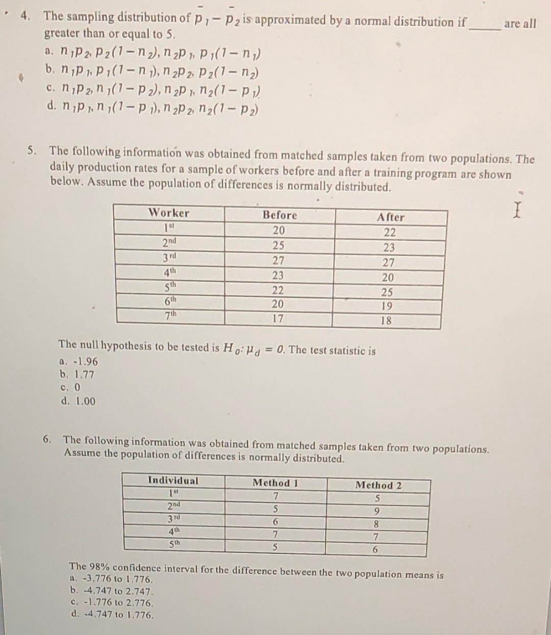 Solved 4. The sampling distribution of pˉ1−pˉ2 is | Chegg.com