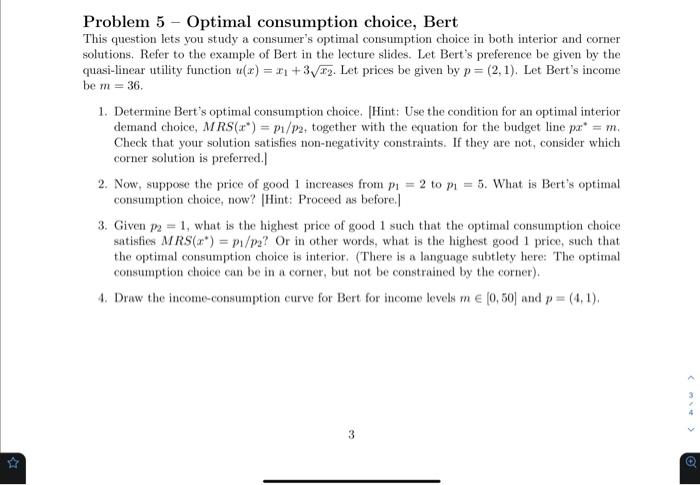 Problem 5 - Optimal consumption choice, Bert This | Chegg.com