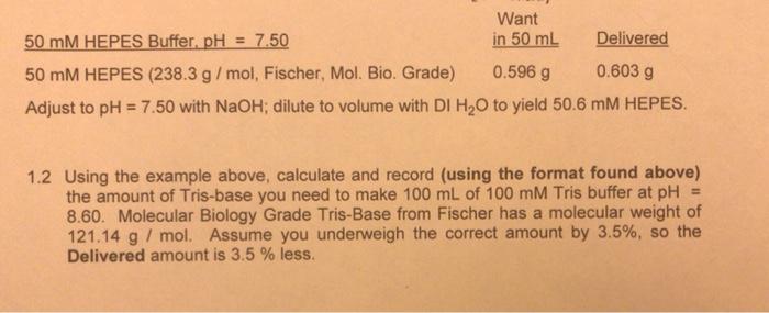 Solved Want 50 mM HEPES Buffer. pH = 7.50 in 50 mL Delivered | Chegg.com