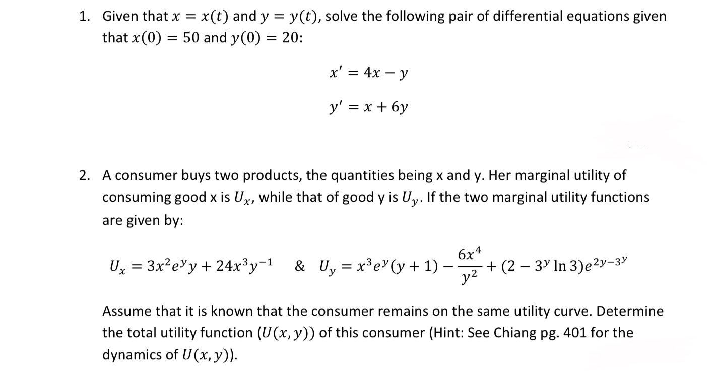 1) ﻿Given that x=x(t) ﻿and y=y(t), ﻿solve the | Chegg.com