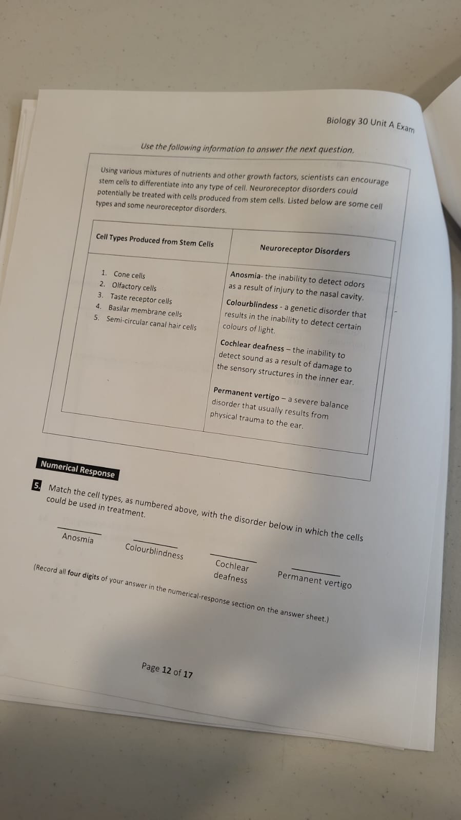 Solved Biology 30 ﻿Unit A ExamUse the following information | Chegg.com