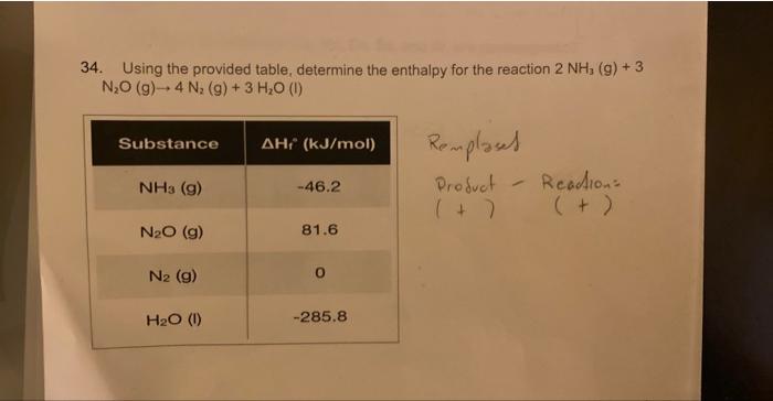 Solved 34. Using the provided table, determine the enthalpy | Chegg.com
