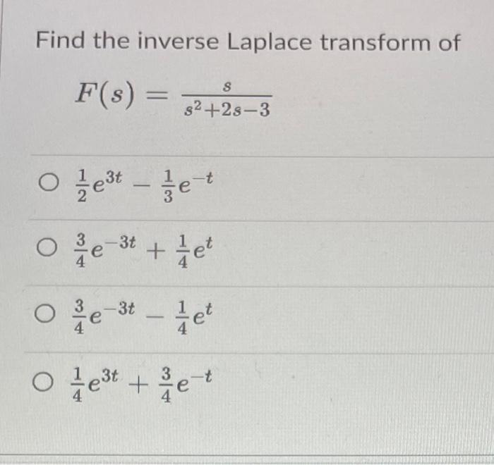 Solved Find the inverse Laplace transform of F(s)=s2+2s−3s | Chegg.com