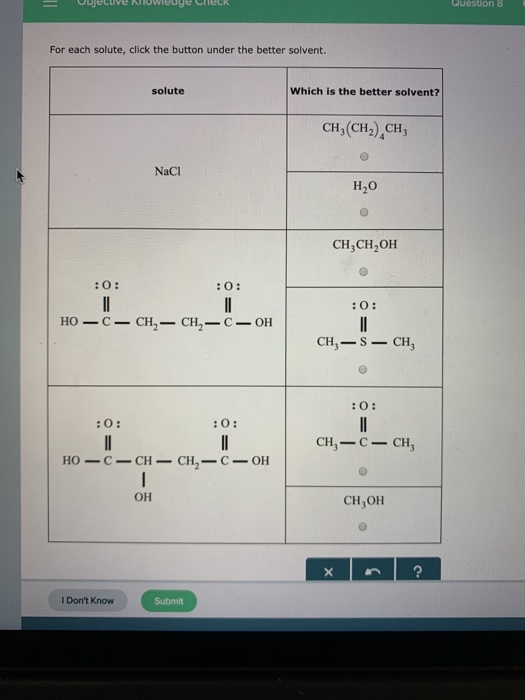 Solved Guestlon 8 For each solute, click the button under | Chegg.com
