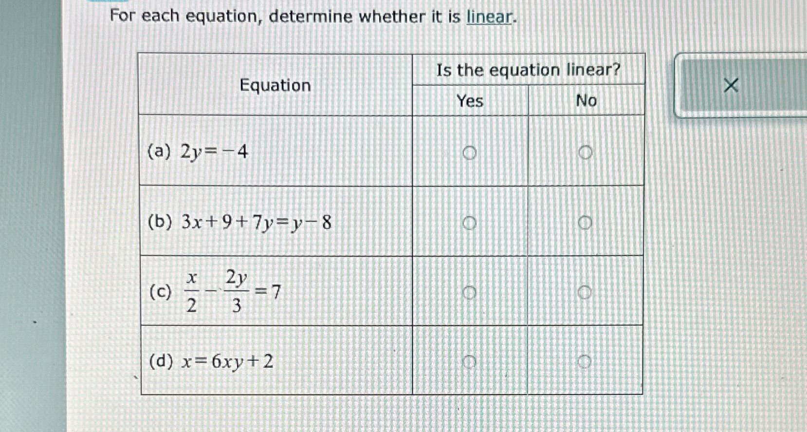 Solved For each equation, determine whether it is | Chegg.com