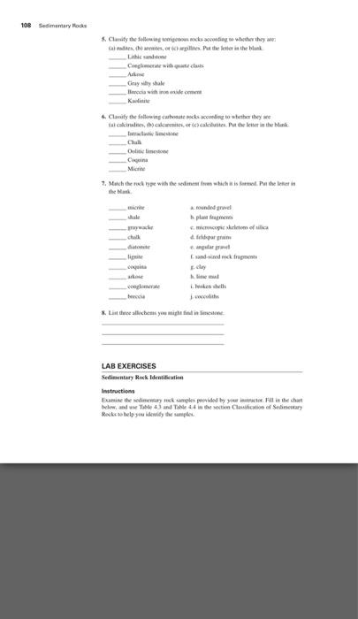 Solved EXERCISES Sedimentary Rocks Exercises PRE-LAB | Chegg.com