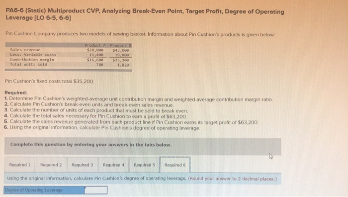 Solved PA6-6 (Static) Multiproduct CVP, Analyzing Break-Even | Chegg.com
