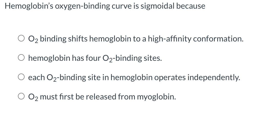 Solved Hemoglobin's oxygen-binding curve is sigmoidal | Chegg.com