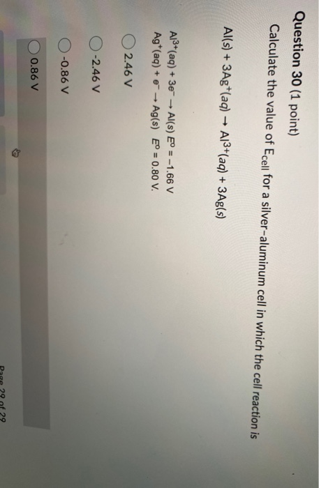 Solved Question 30 (1 point) Calculate the value of Ecell | Chegg.com