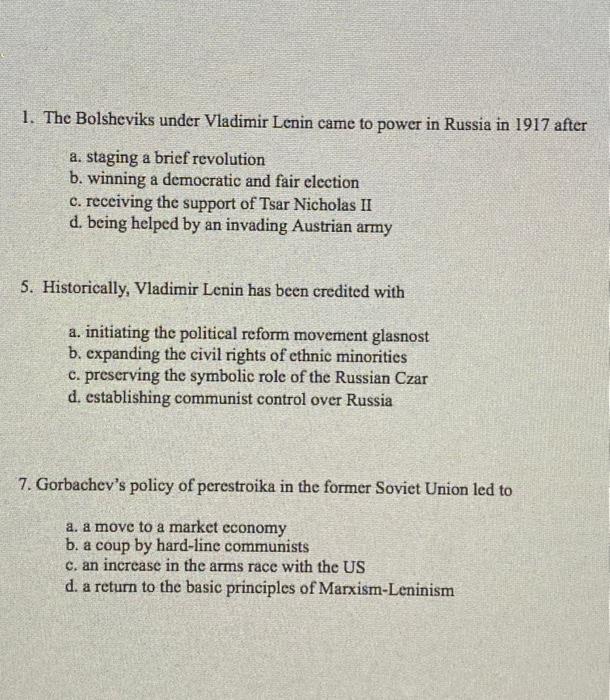 Solved 1. The Bolsheviks under Vladimir Lenin came to power | Chegg.com