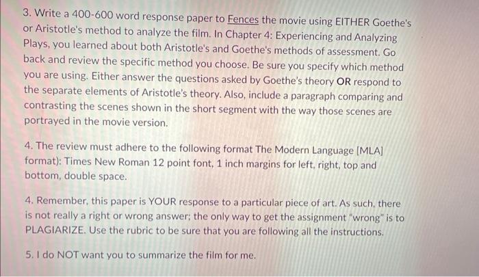 3. Write a 400-600 word response paper to Fences the | Chegg.com