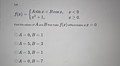 Solved Letf(x)={Asinx+Bcosx,x