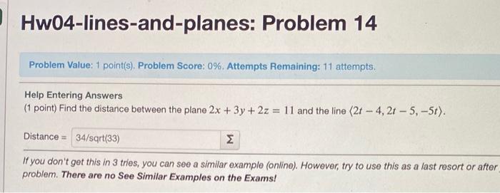 Solved Hw04-lines-and-planes: Problem 14 Problem Value: 1 | Chegg.com