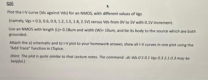 Solved Q3) Plot the I-V curve (Ids against Vds) for an NMOS, | Chegg.com