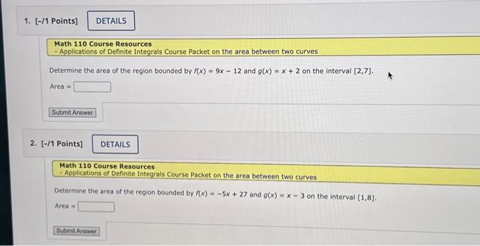 Solved Math 110 Course Resources - Applications of Definite | Chegg.com