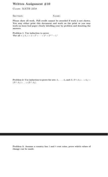 Solved Written Assignment #10 CLASS: MATH 2358 NAME: Please | Chegg.com