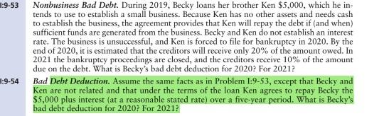 Solved 1:9-53 Nonbusiness Bad Debt. During 2019, Becky loans | Chegg.com